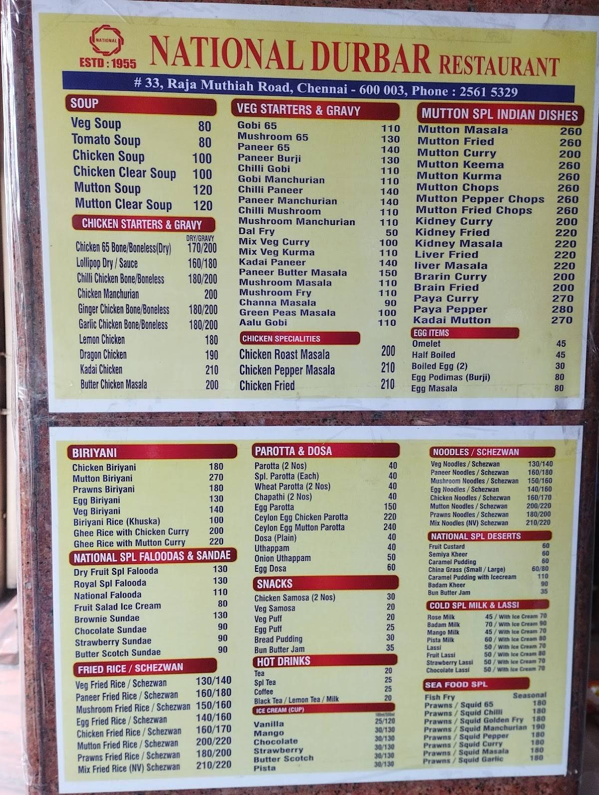 Menu at National Durbar Restaurant, Chennai, 33