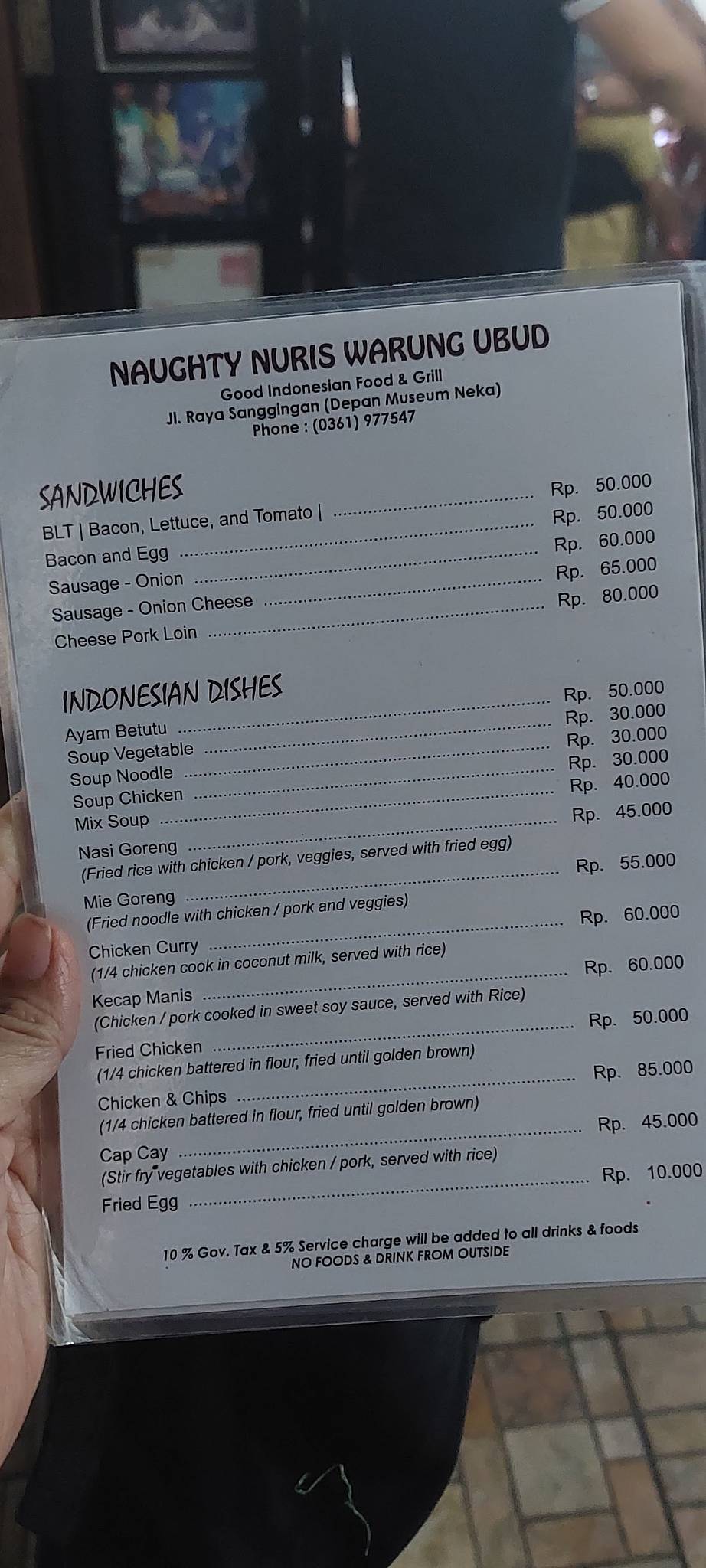 Menu at Naughty Nuri's Ubud restaurant, Ubud