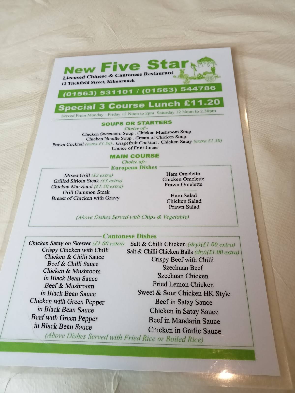 Menu at New Five Star Restaurant, Kilmarnock