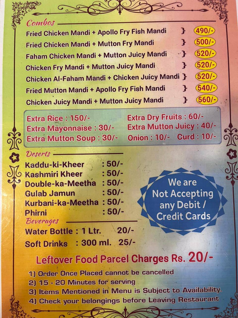 Menu at New Sitara Restaurant & Arabian Mandi, Secunderabad