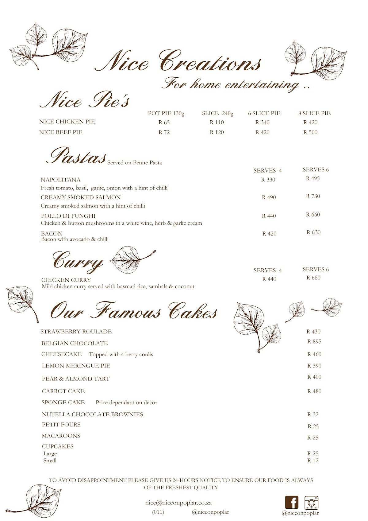 Menu at Nice on Poplar restaurant, Johannesburg