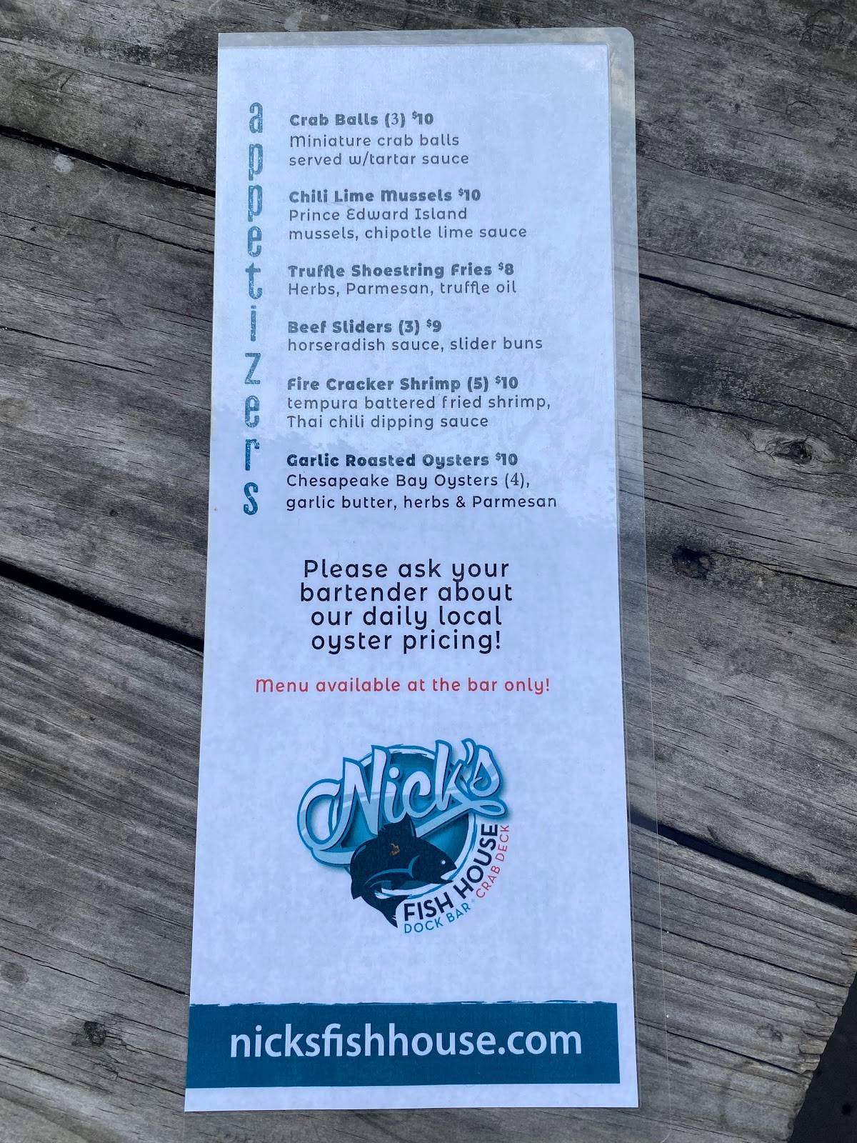 Menu at Nick's Fish House restaurant, Baltimore