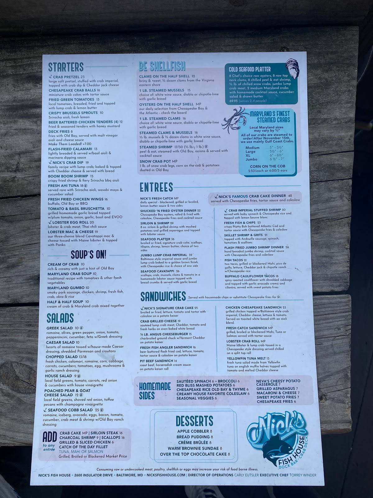 Menu at Nick's Fish House restaurant, Baltimore