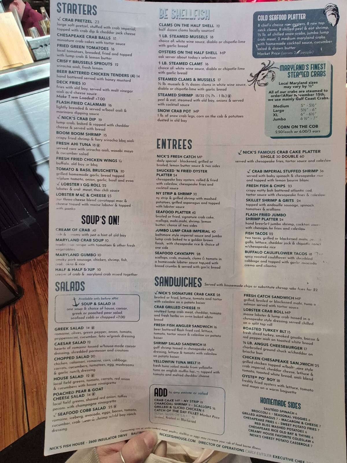 Menu at Nick's Fish House restaurant, Baltimore