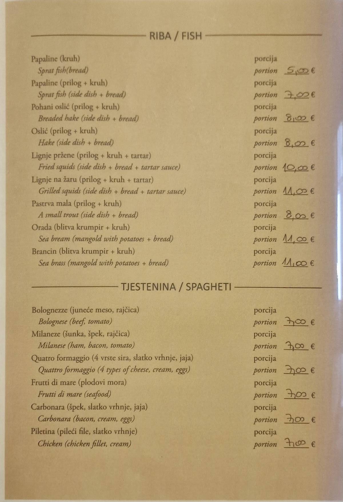 Menu at Niki Grill restaurant, Zagreb