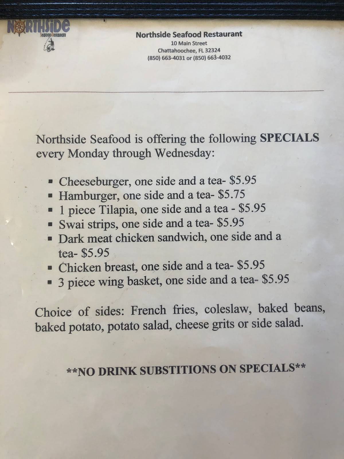 Menu at Northside Seafood restaurant, Chattahoochee