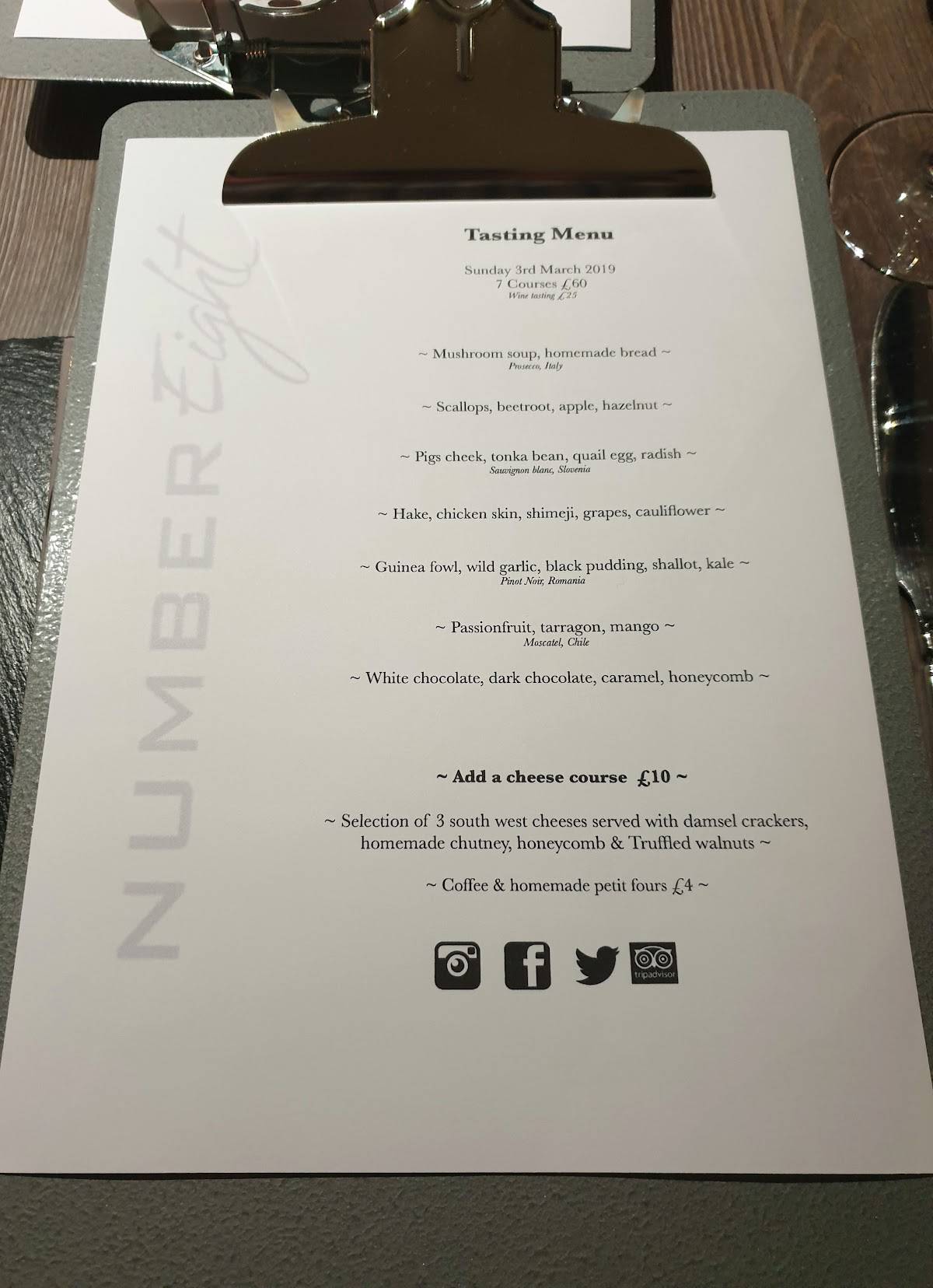 Menu at Number Eight restaurant, Bideford