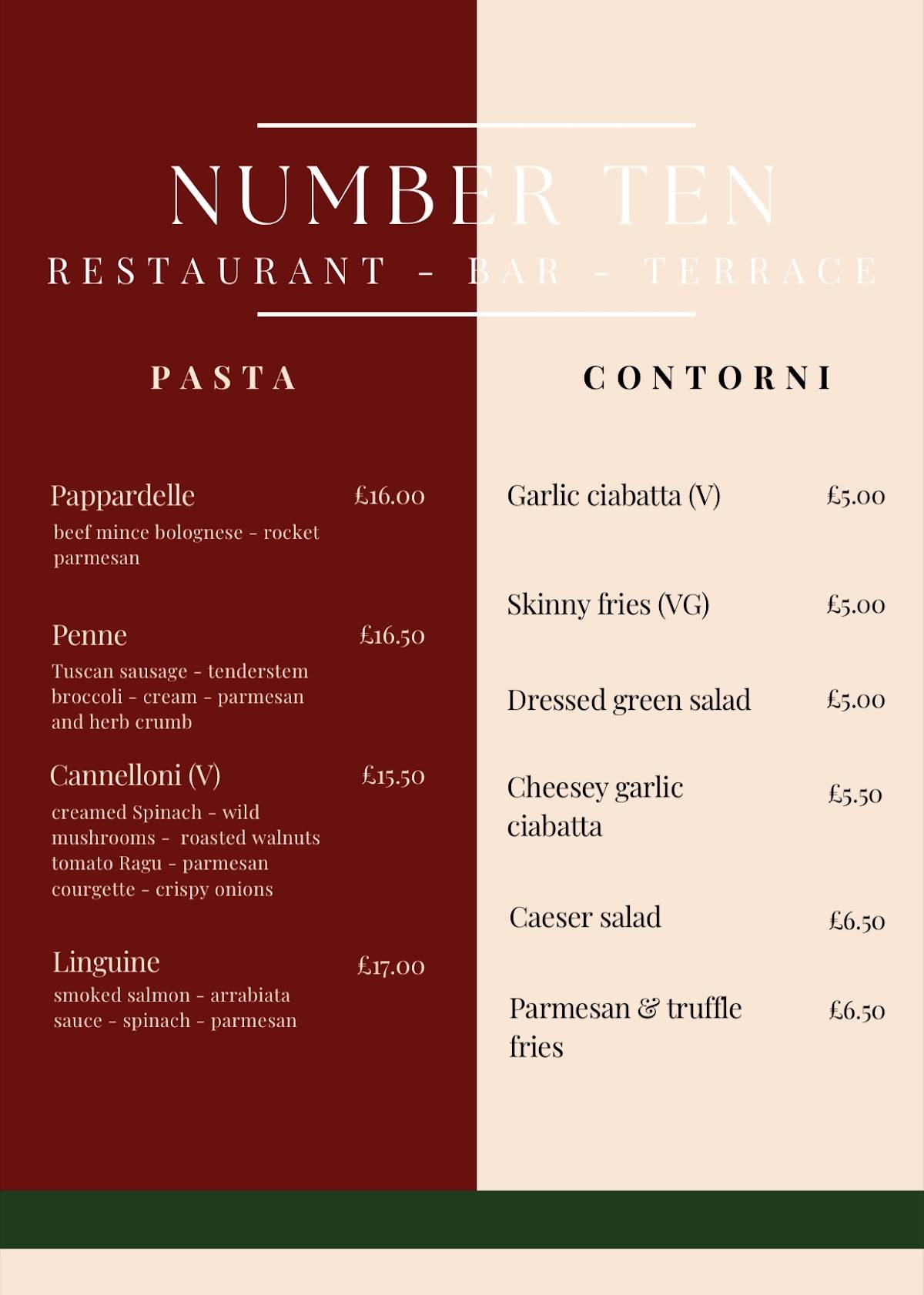 Menu at Number ten restaurant, Lynton