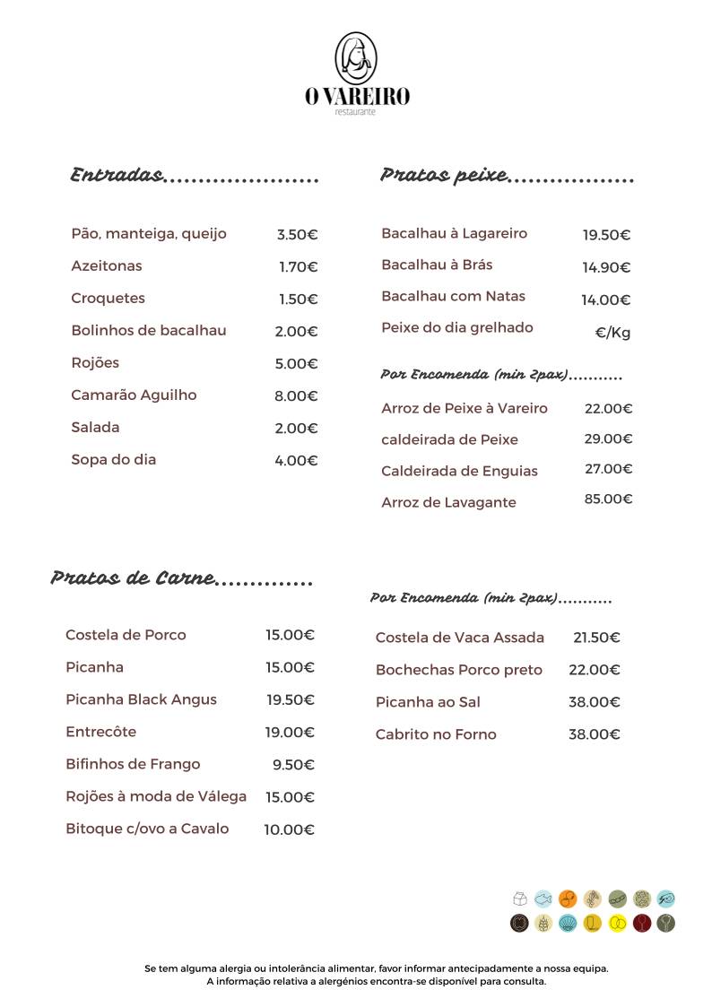 Menu at Restaurant O Vareiro, Lisbon