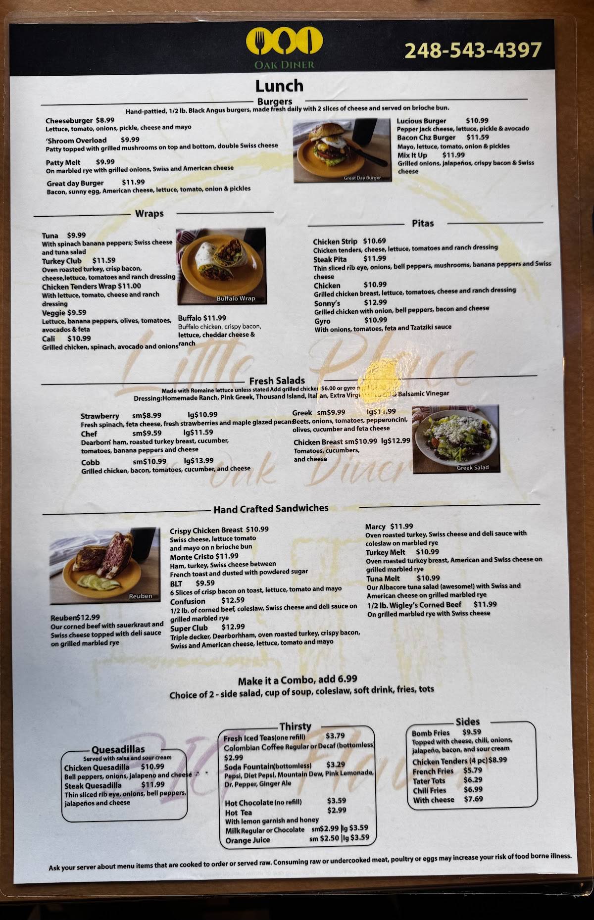 Menu at Oak Diner restaurant, Royal Oak
