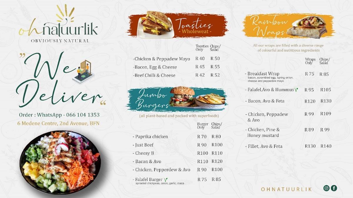 Menu at Oh Natuurlik Café restaurant, Bloemfontein