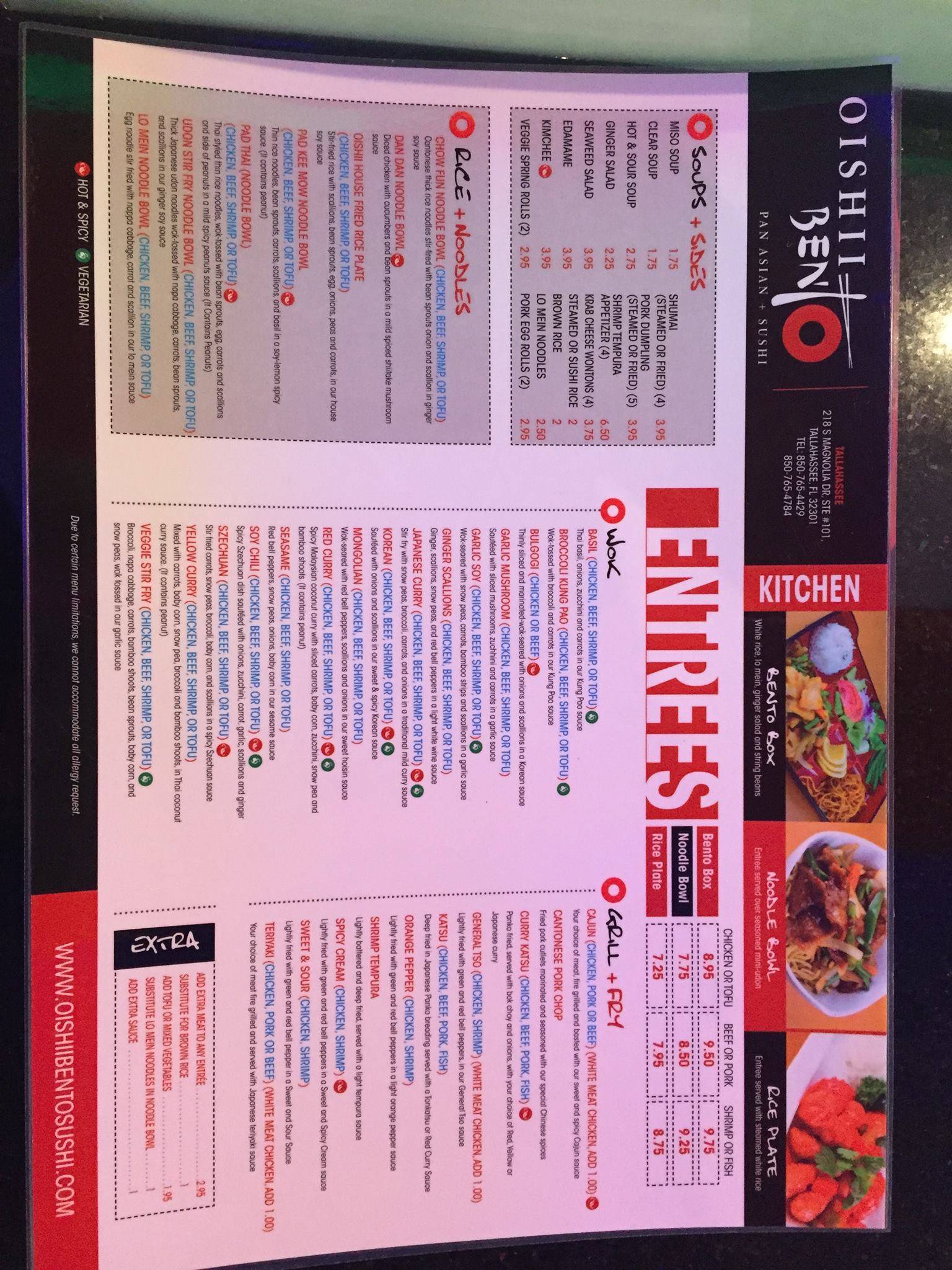 Menu at Oishii Bento restaurant, Tallahassee