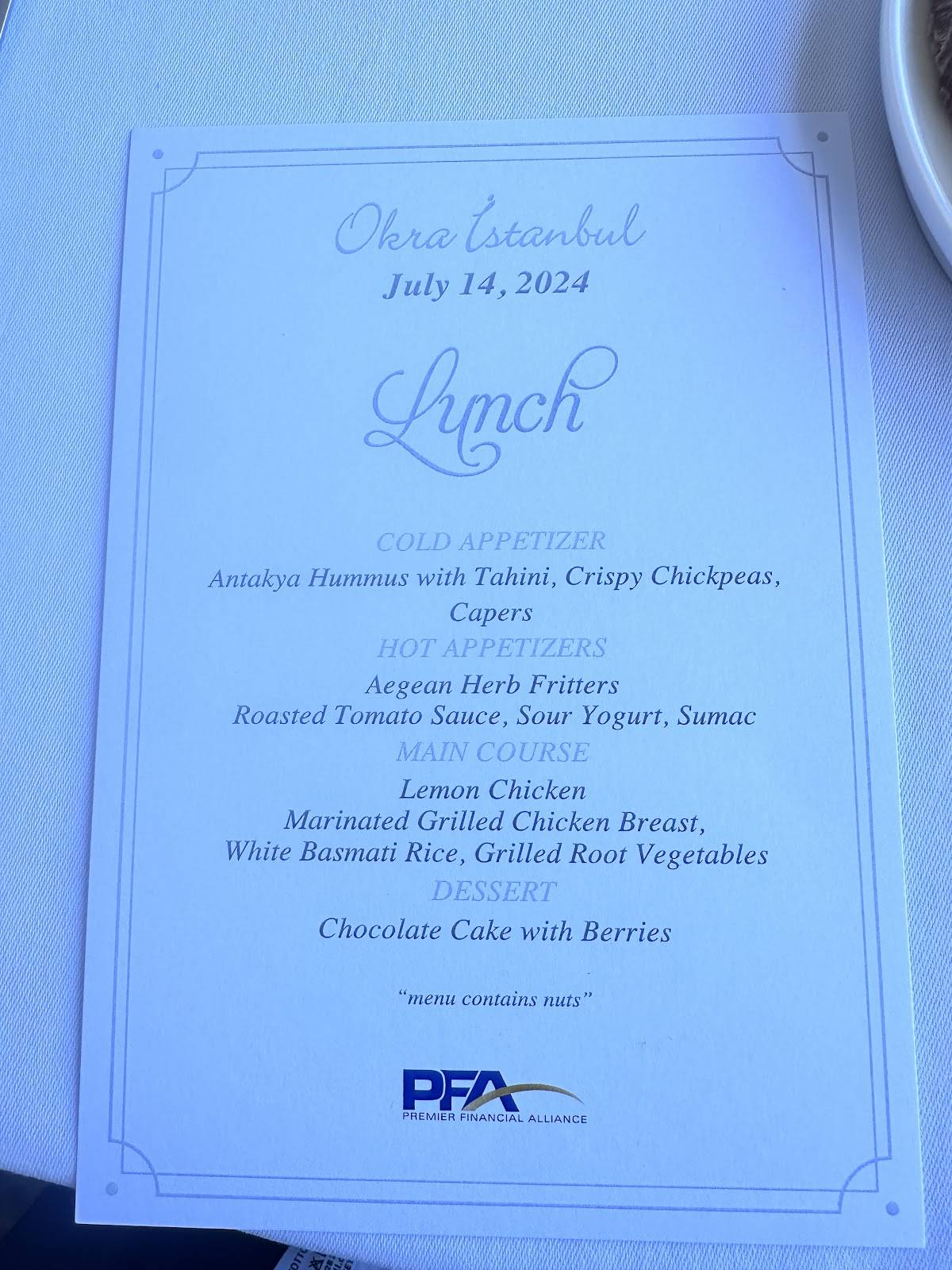 Menu at Okra İstanbul restaurant, Istanbul, OSMANLI SOKAK 1/B TAKSİM 34437