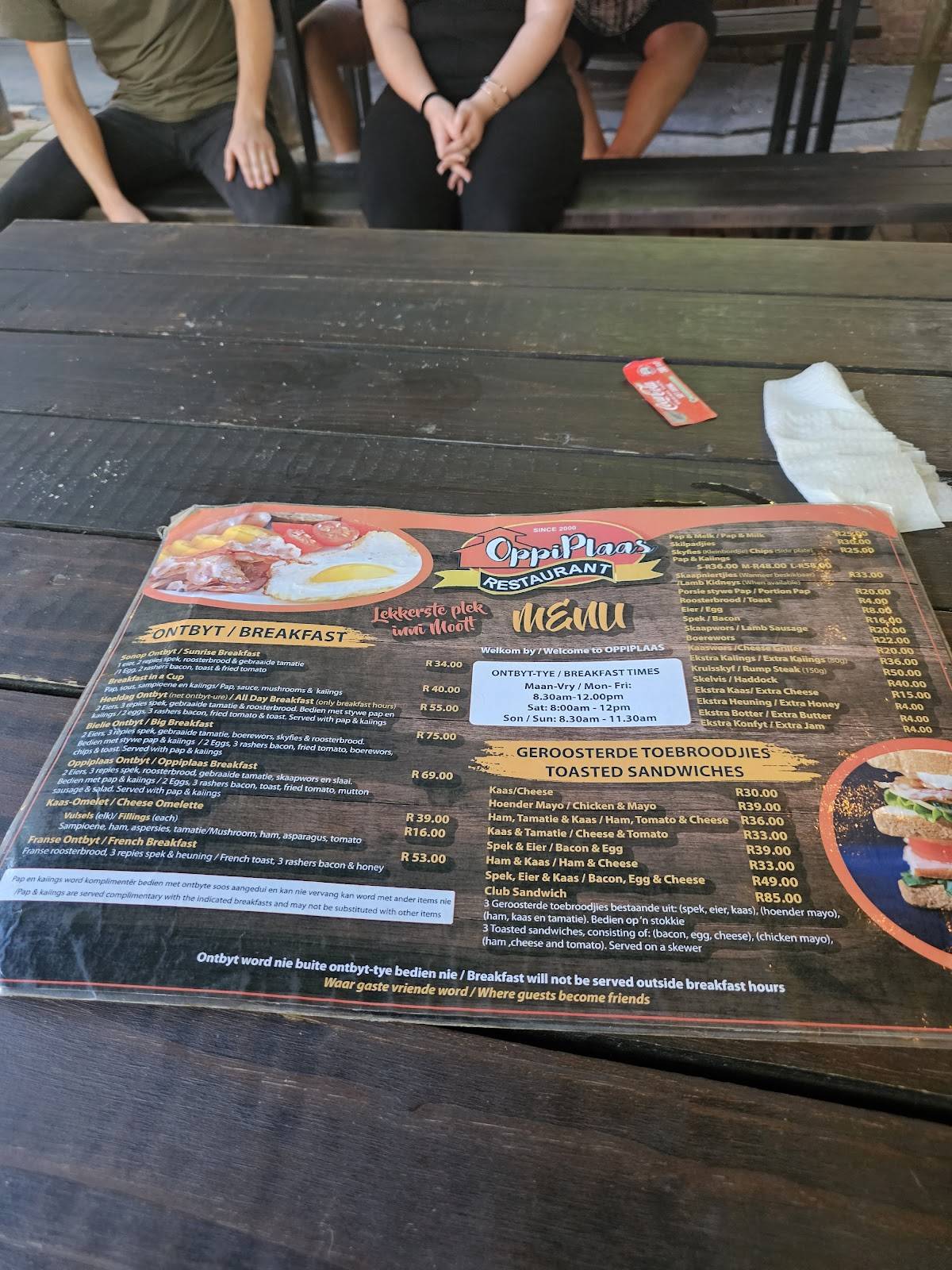 Menu at Oppiplaas restaurant, Pretoria