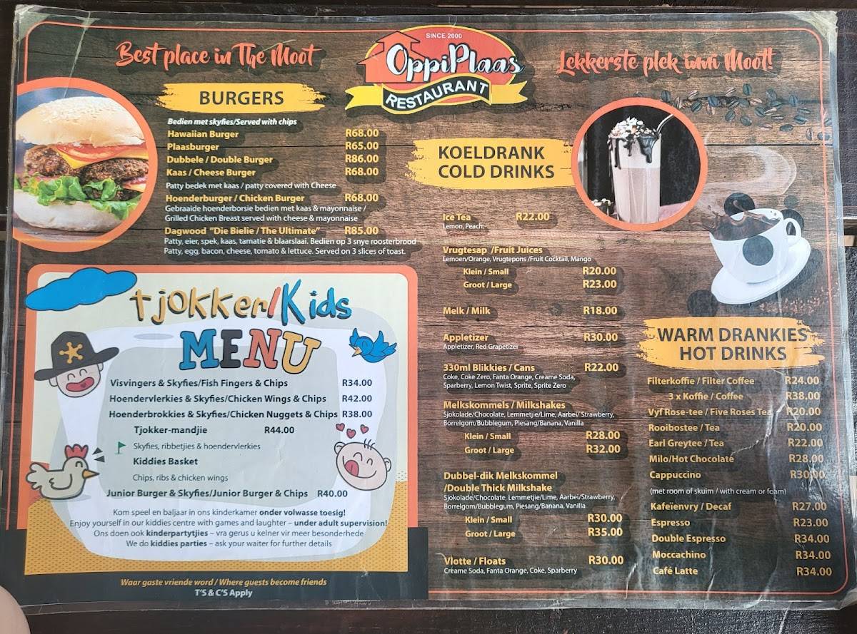 Menu at Oppiplaas restaurant, Pretoria