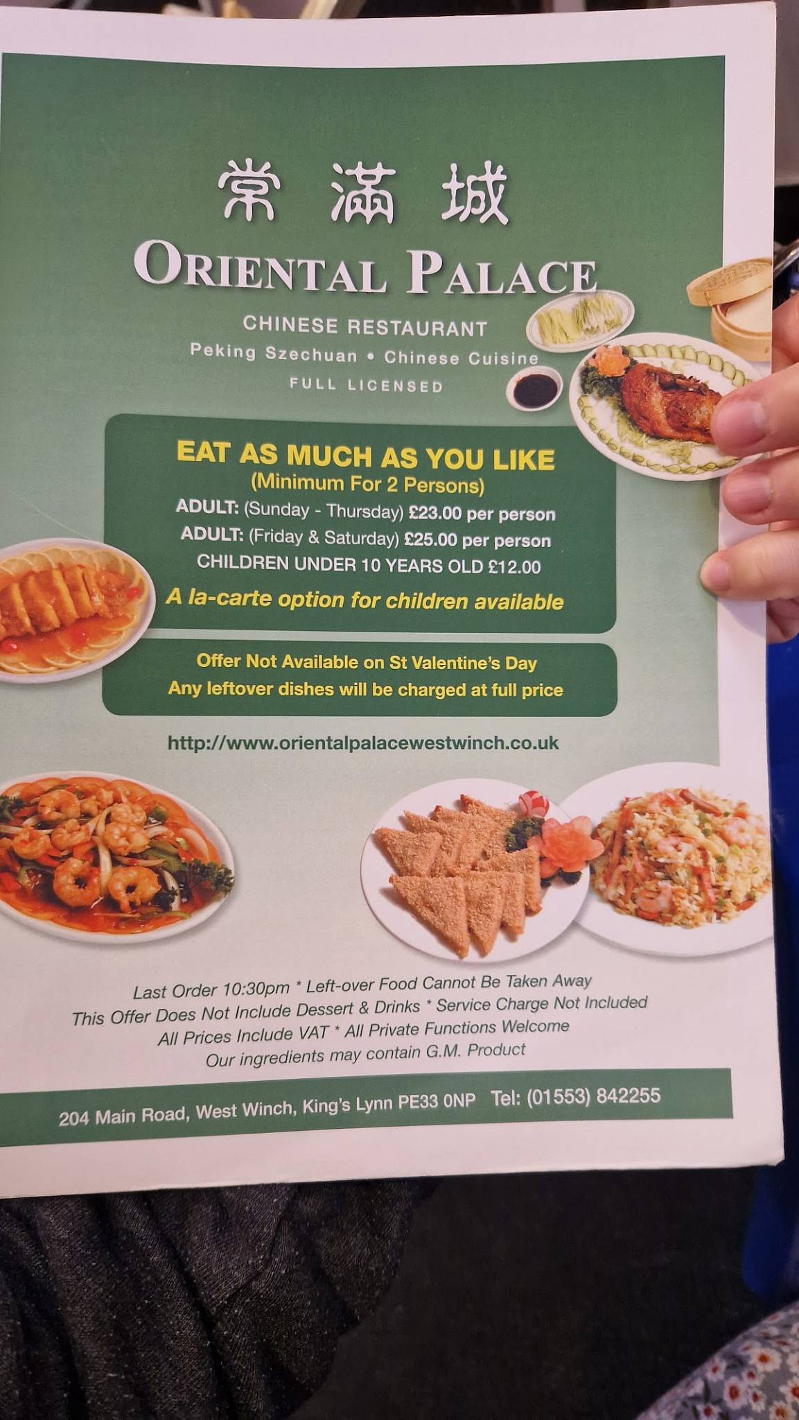 Menu at Oriental Palace restaurant, King's Lynn, 204 Main Rd