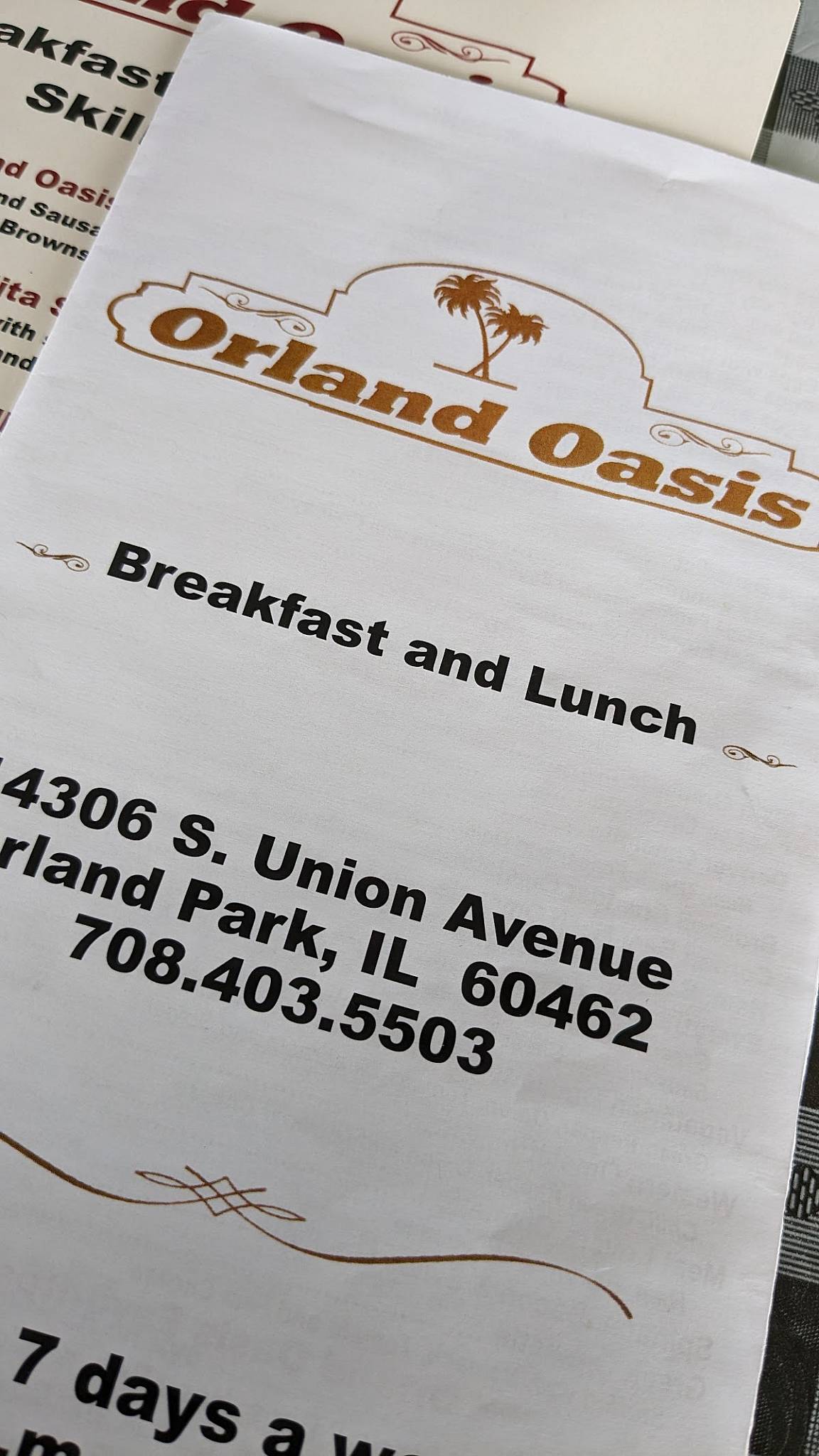 Menu at Orland Oasis restaurant, Orland Park, Union St