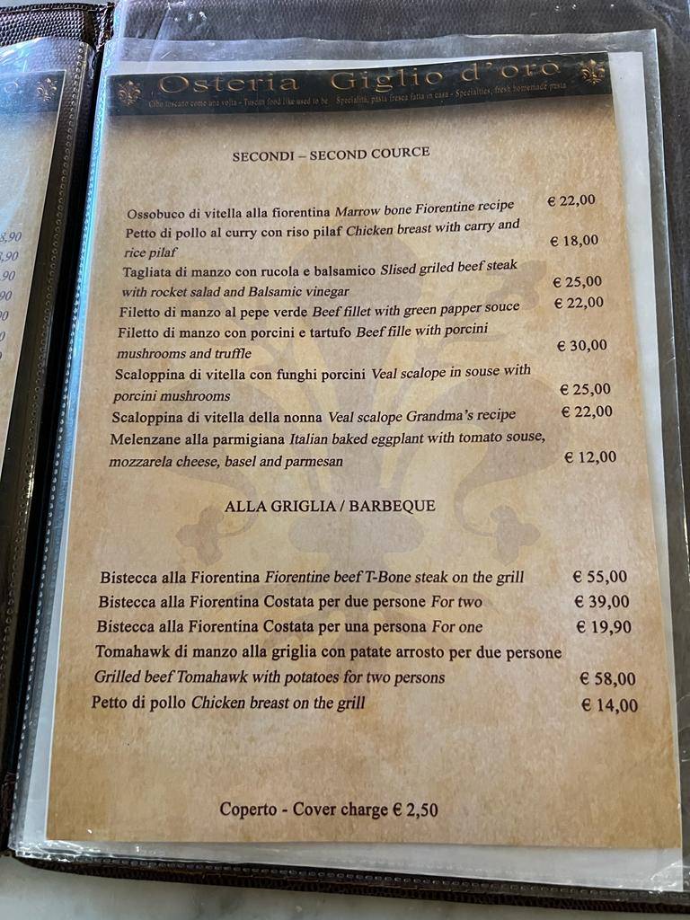 Menu at Osteria Giglio d'oro restaurant, Florence