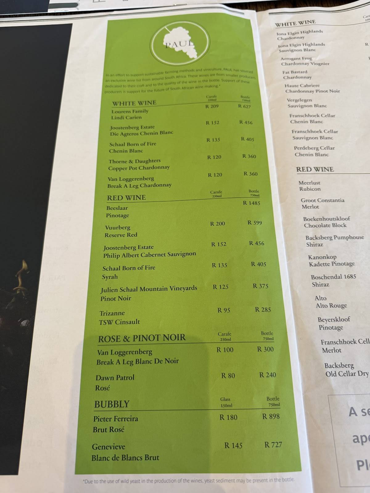 Menu at Paul, New Redruth