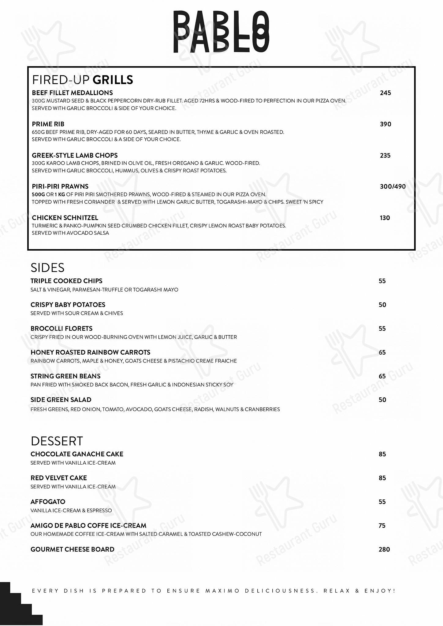 Menu at PABLO Sandton Restaurant, Sandton