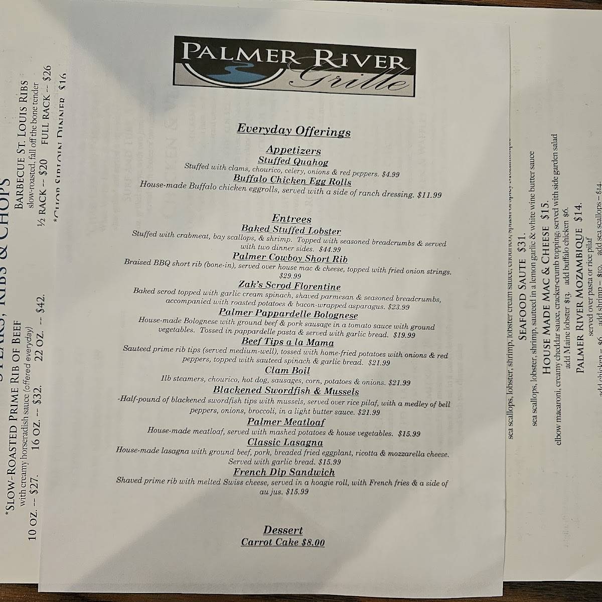 Menu at Palmer River Grille restaurant, Warren