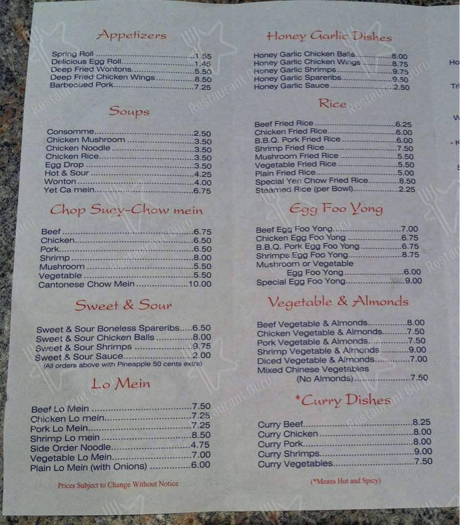 Menu at Yang’s Fine Kitchen restaurant, Penetanguishene