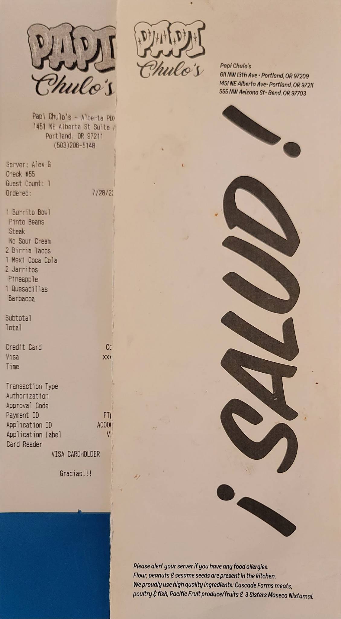 Menu at Papi Chulo's Alberta restaurant, Portland