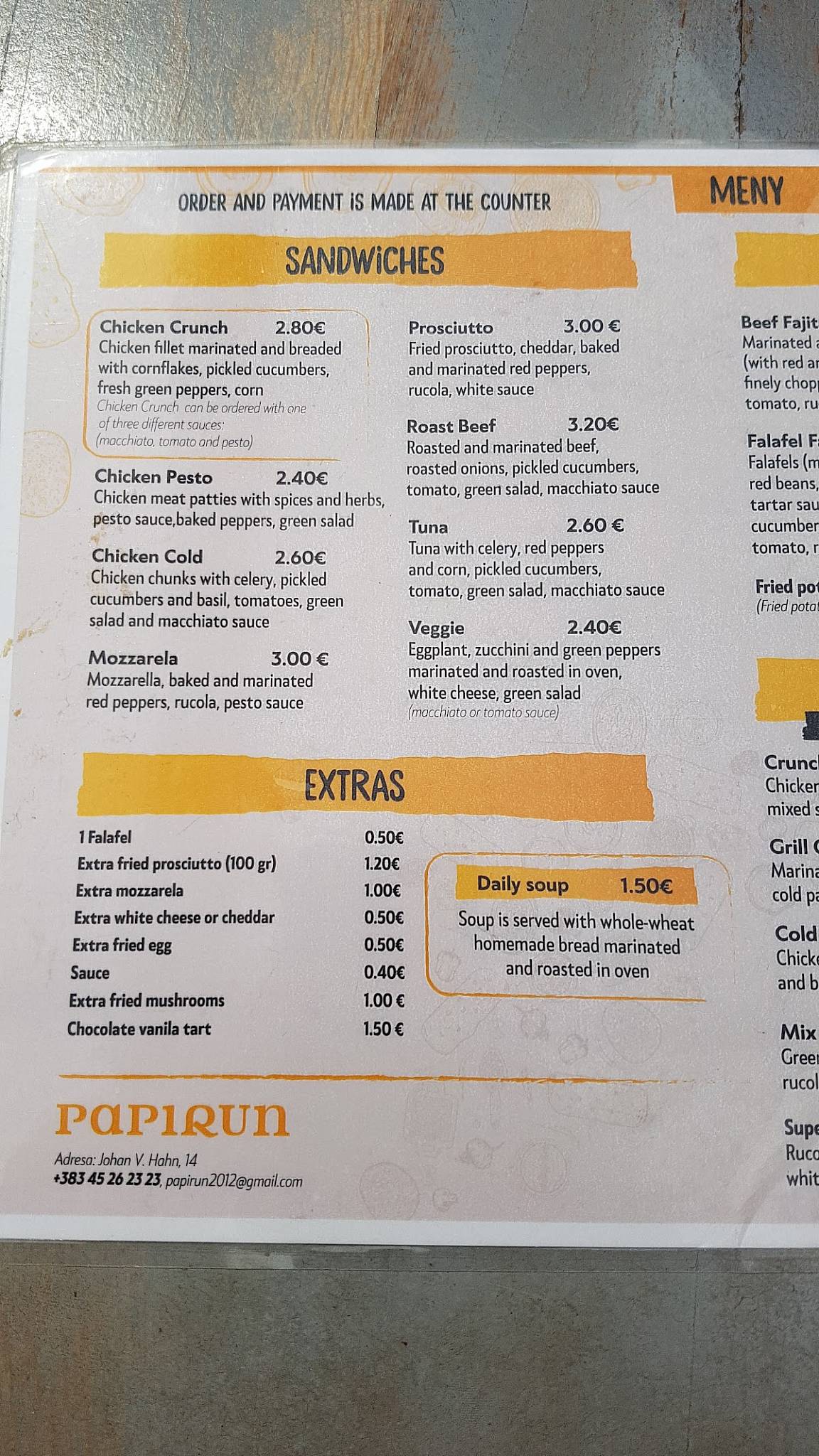 Menu at Papirun restaurant, Prishtina, Johan V. Hahn