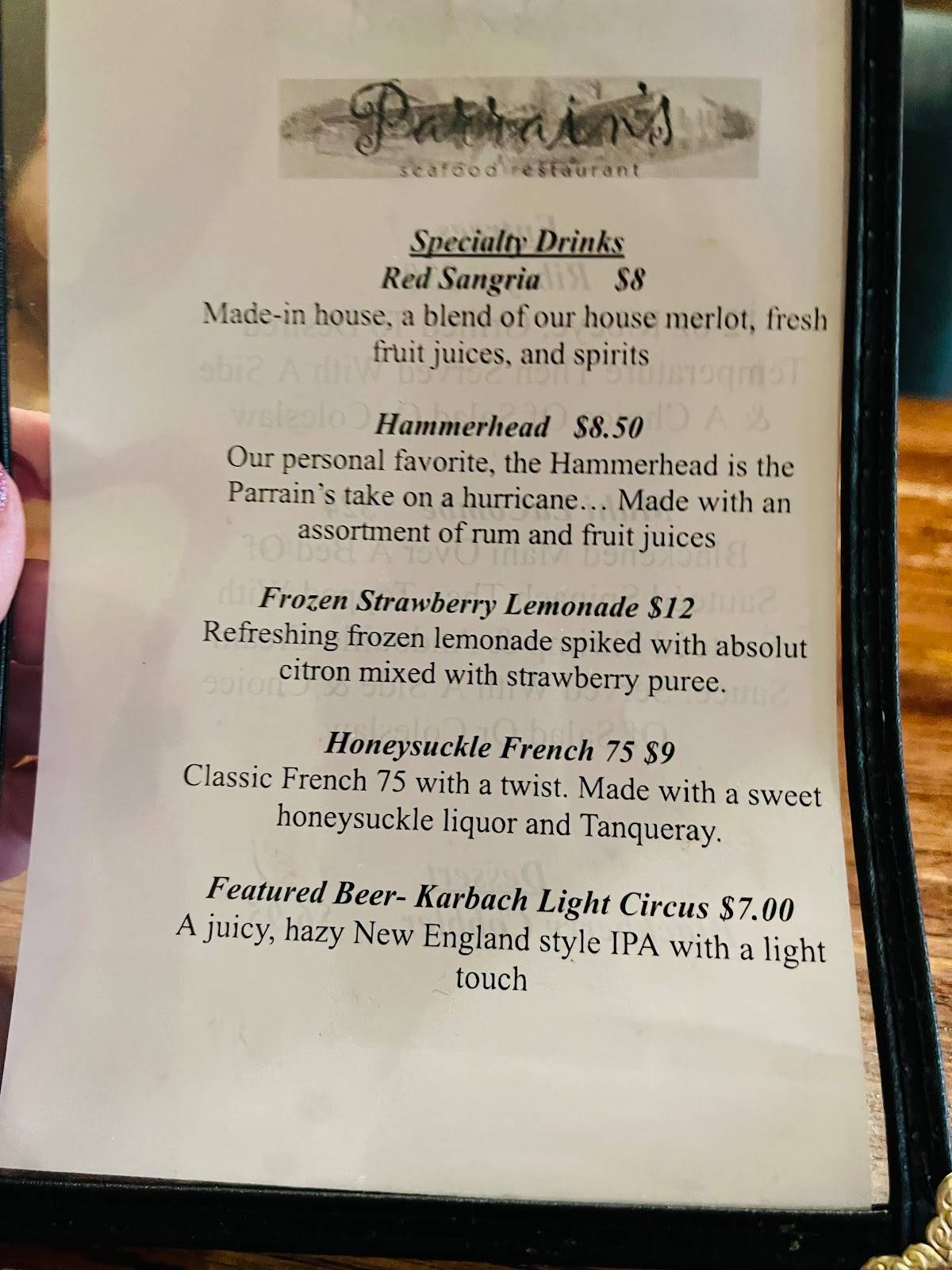 Menu at Parrain's Seafood Restaurant, Baton Rouge
