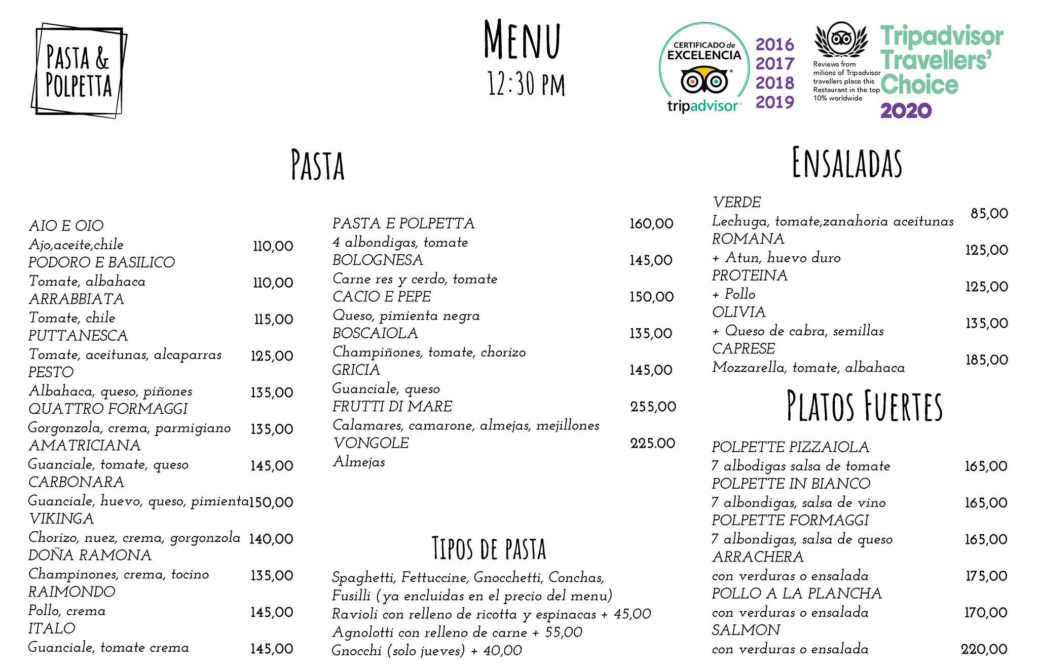 Menu at Pasta & Polpetta pub & bar, Playa del Carmen, 40 Avenida Nte. LB