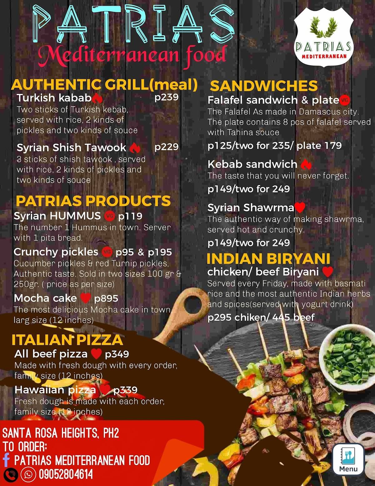 Menu at Patrias Mediterranean food restaurant, Silang