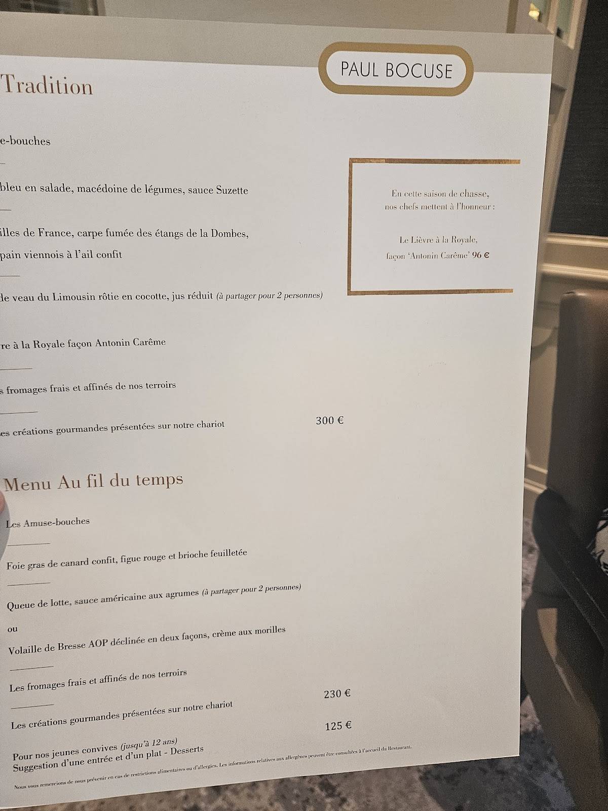Menu au Restaurant Paul Bocuse, Collonges-au-Mont-d'Or