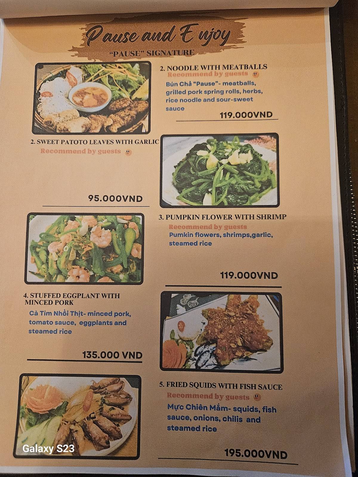 Menu at Pause and Enjoy Restaurant, Hoi An