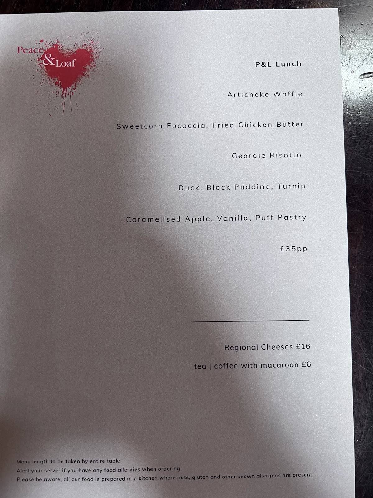 Menu at Peace & Loaf restaurant, Newcastle upon Tyne