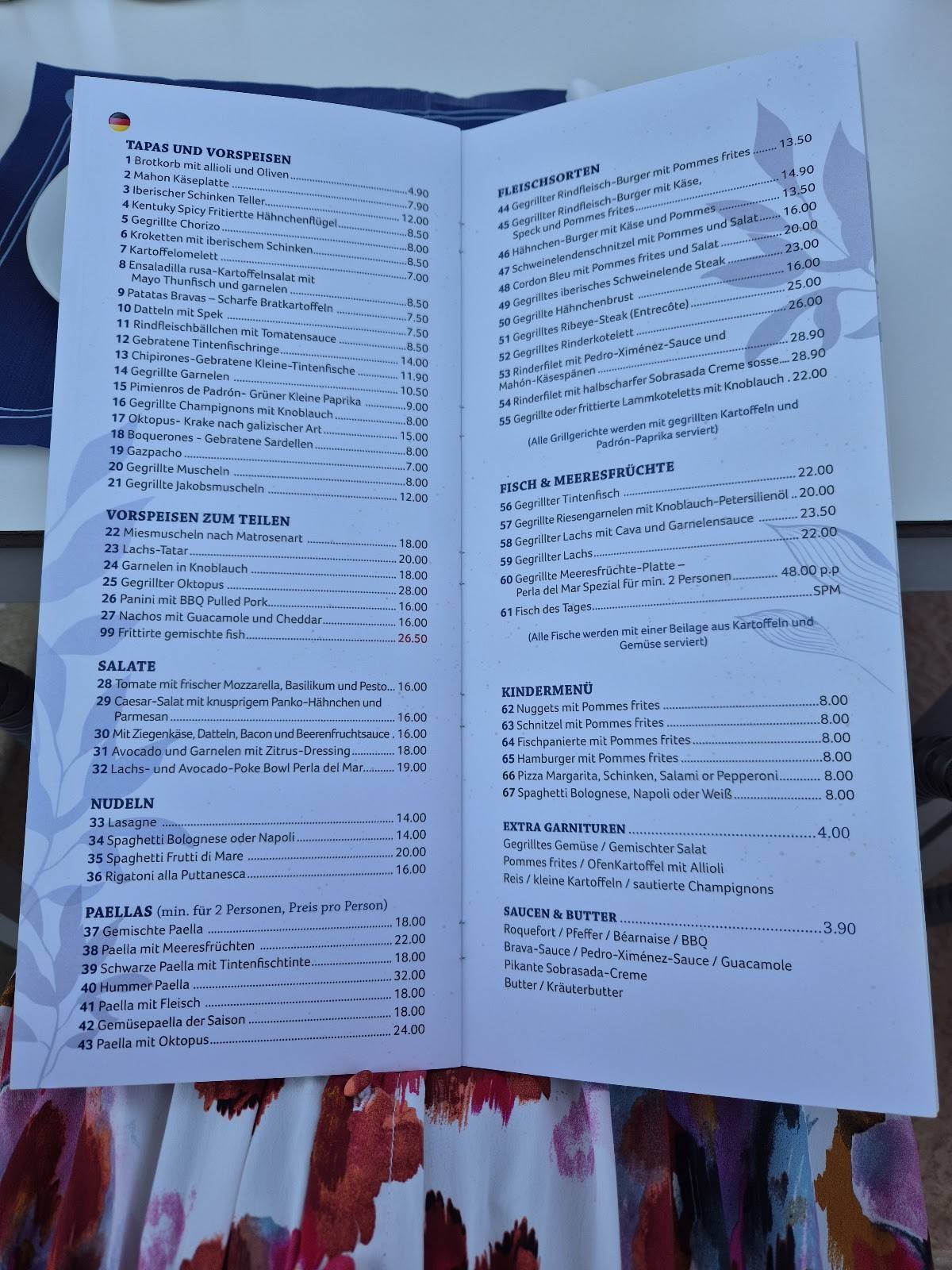 Carta de Restaurant Perla Del Mar, Cala Millor