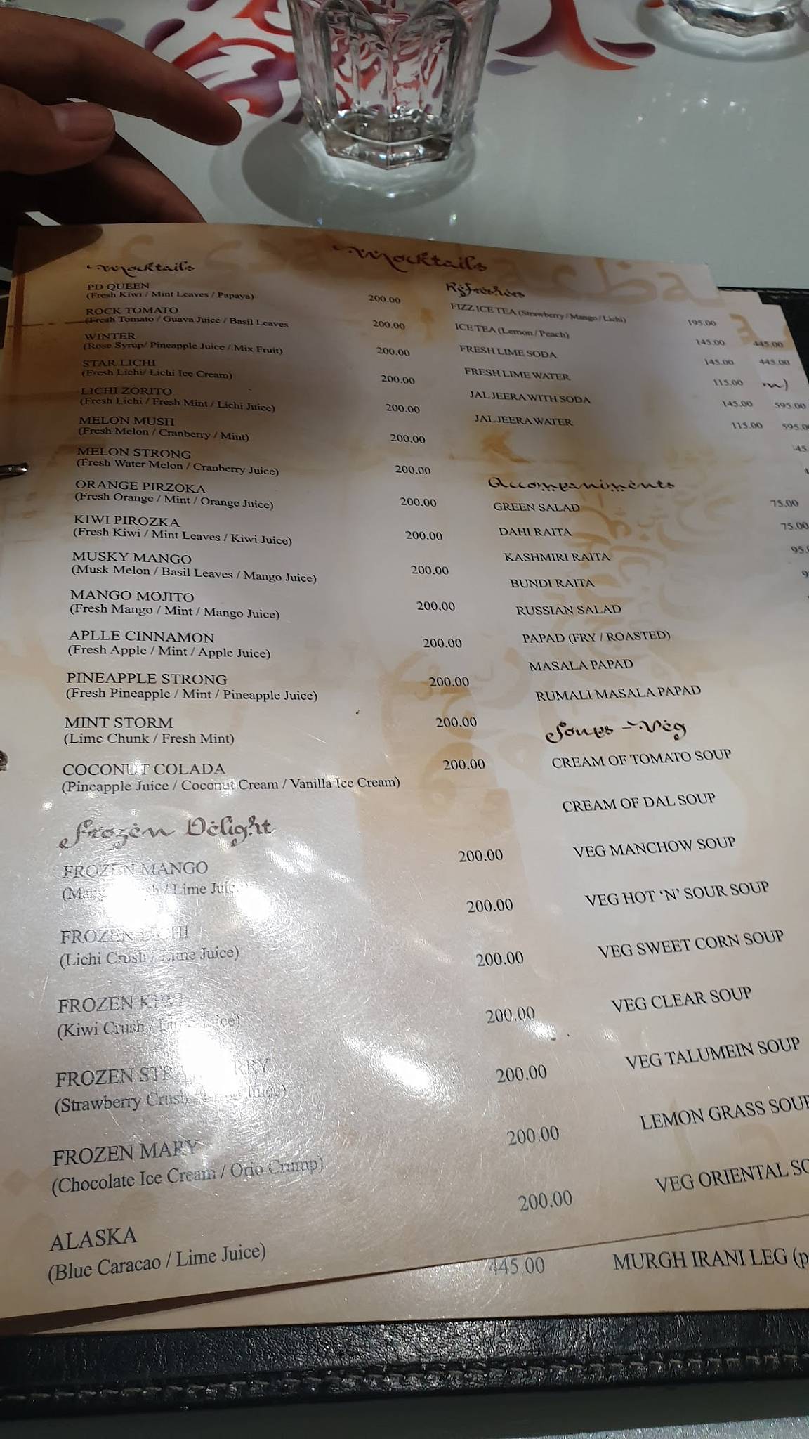 Menu at Persian Darbar, Mumbai, B Wing