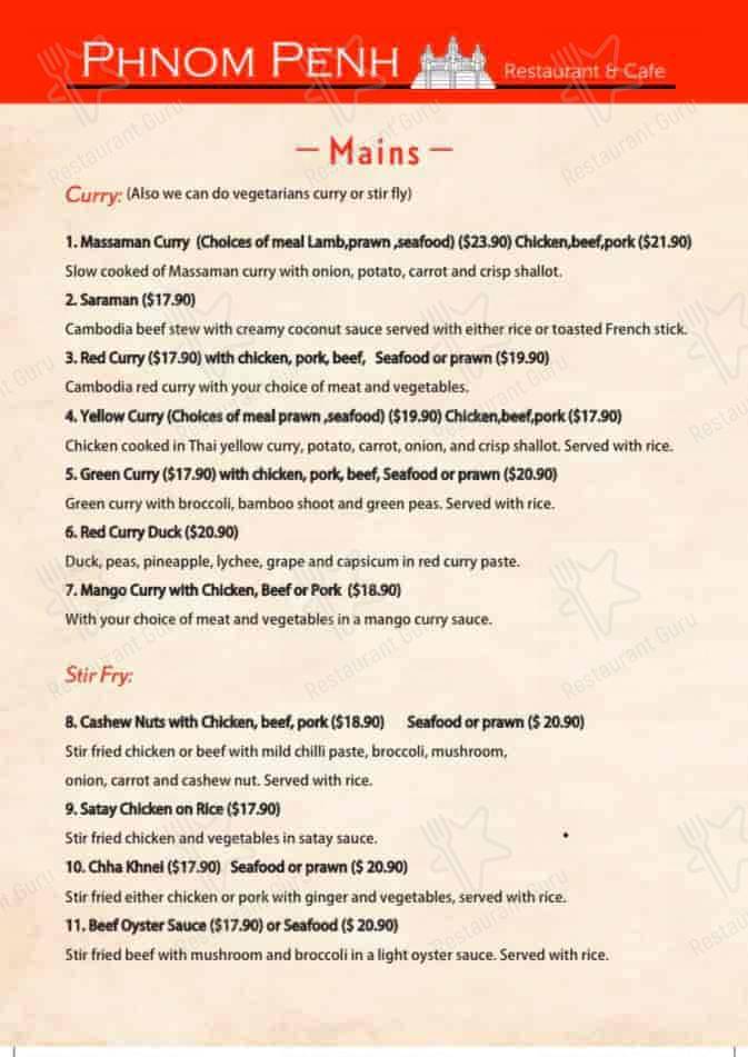 Menu at Phnom Penh Restaurant & Cafe, Auckland