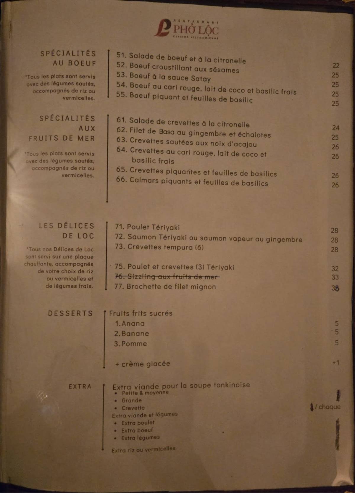 Menu au Restaurant Pho Loc, Sherbrooke