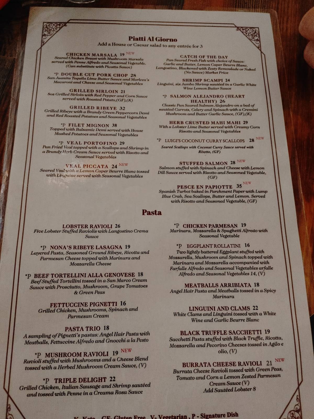 Menu at Pignetti's restaurant, Temple
