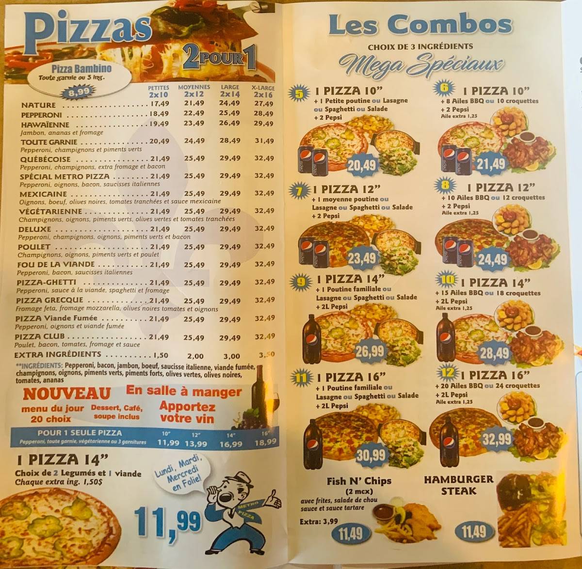 Menu au Pizza Métro restaurant, Sainte-Anne-des-Plaines