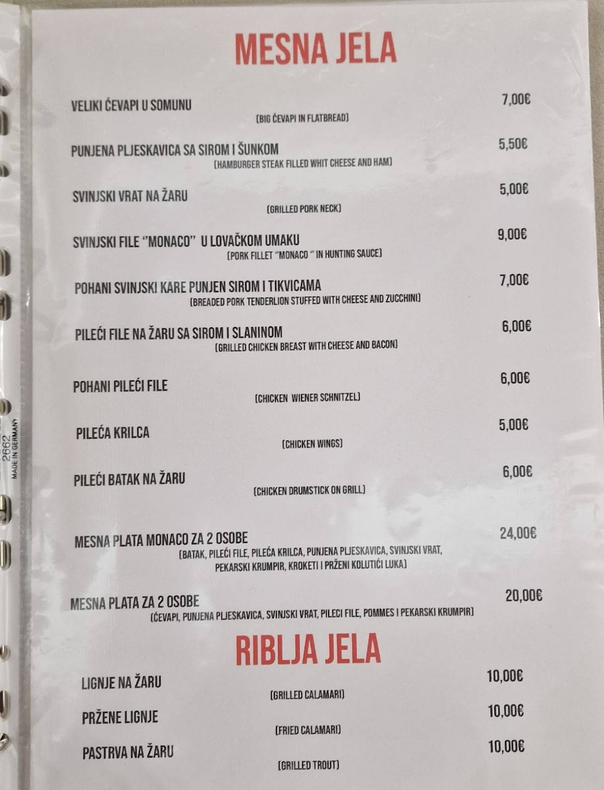 Menu at Pizzeria Monaco, Velika