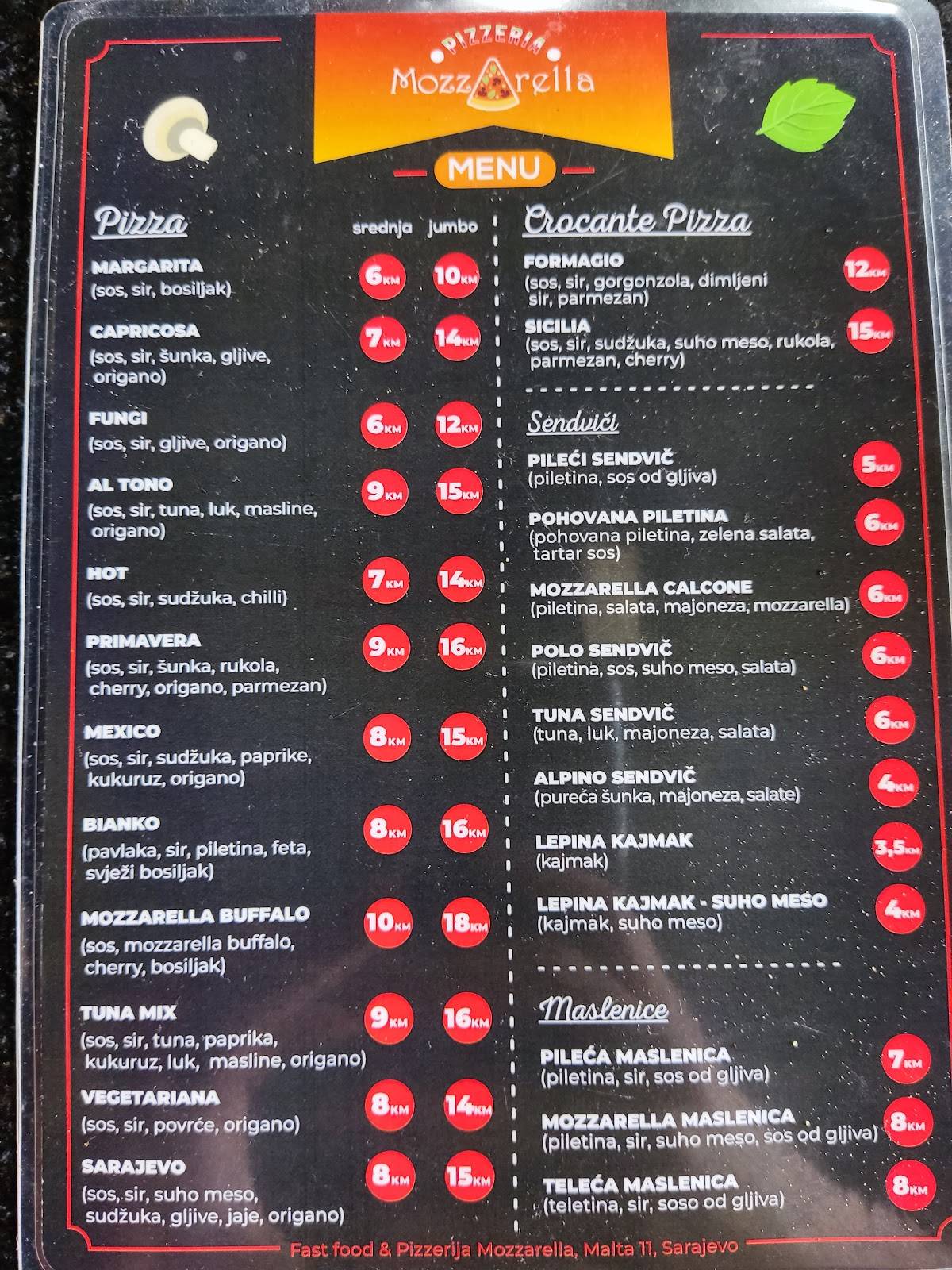 Carta de Pizzeria Mozzarella, Sarajevo