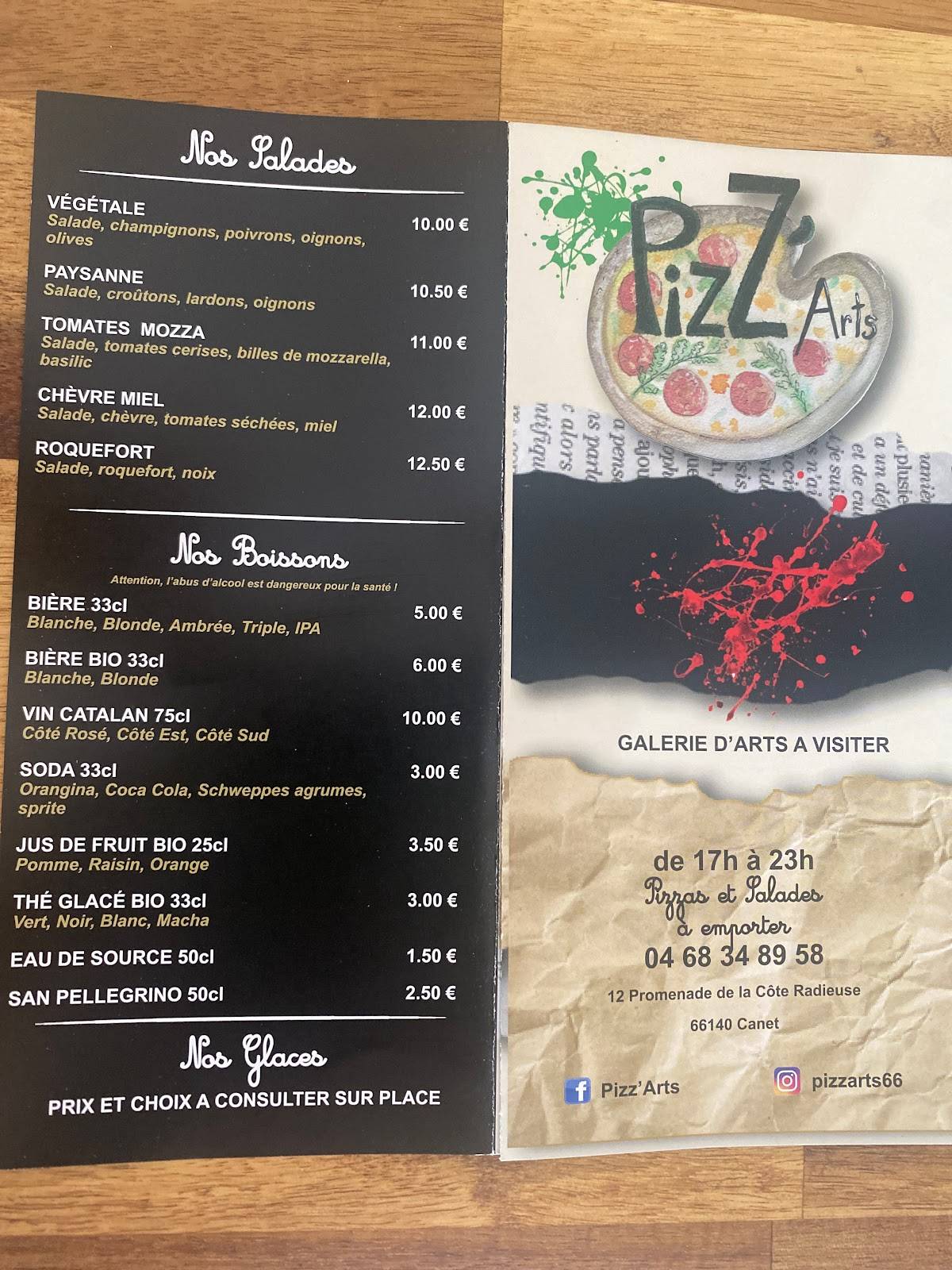 Menu au Pizz'arts restaurant, Canet-en-Roussillon