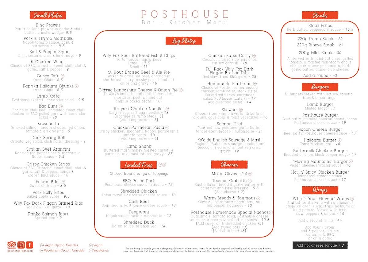 Menu at Posthouse restaurant, Wigan
