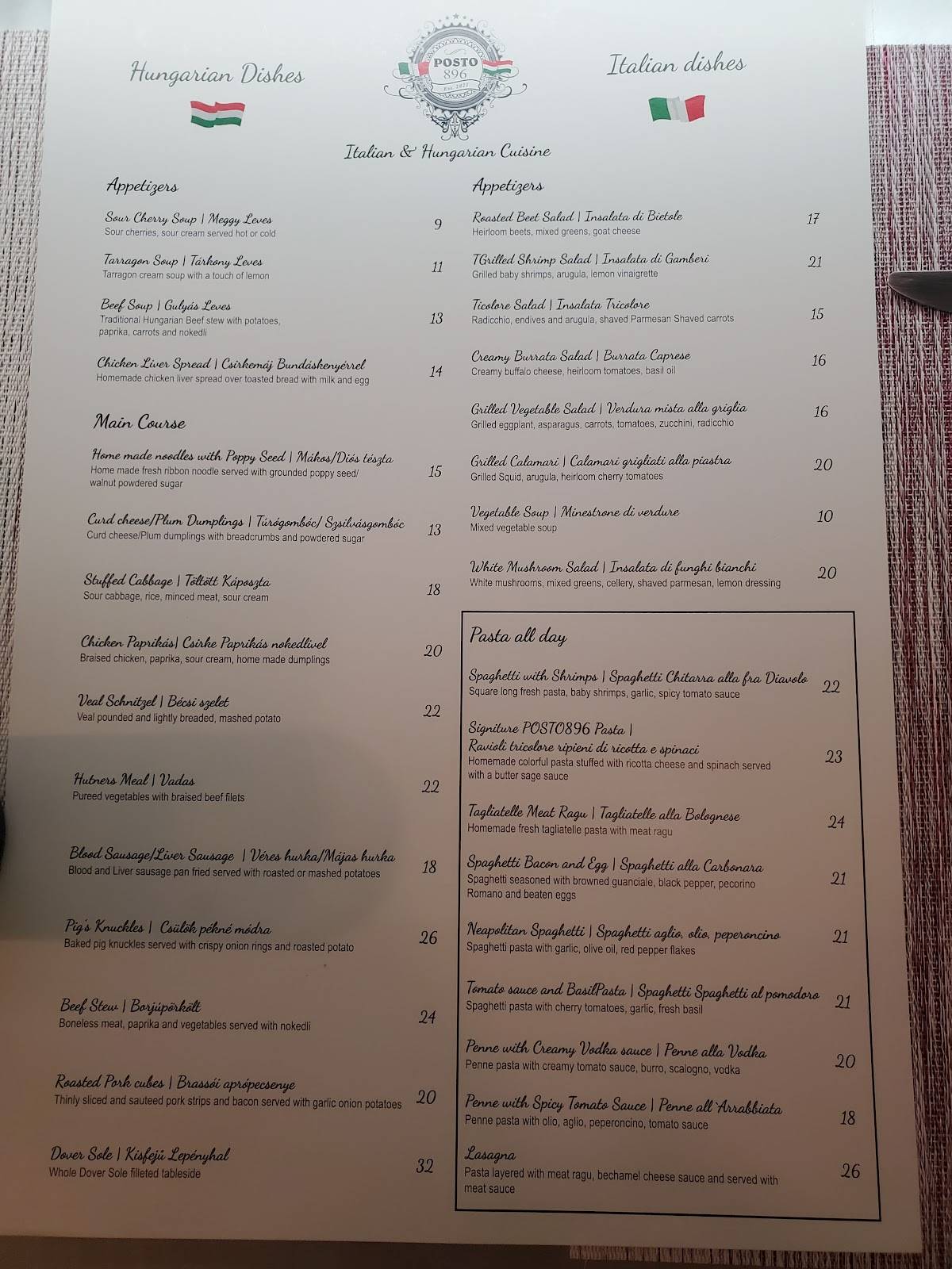 Menu at Posto 896 Italian & Hungarian Cuisine restaurant, Los Angeles