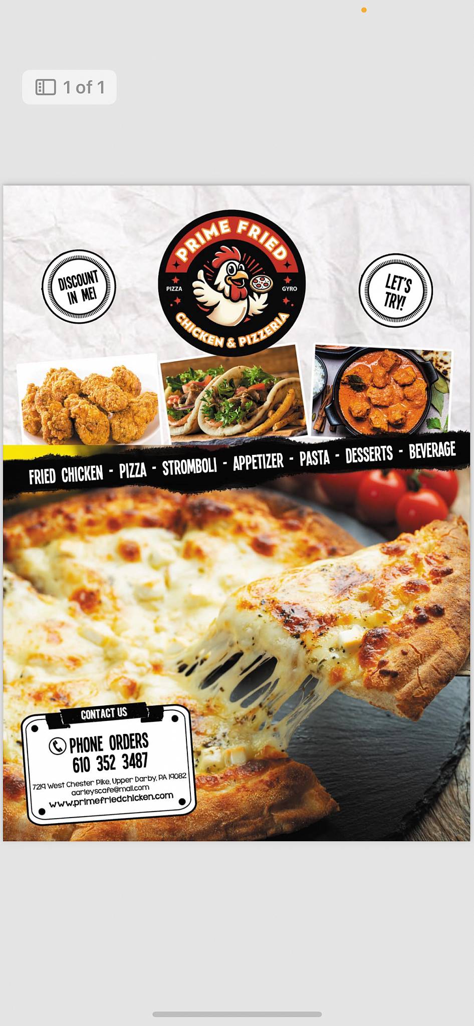Menu at Prime Fried Chicken Pizzeria, Upper Darby