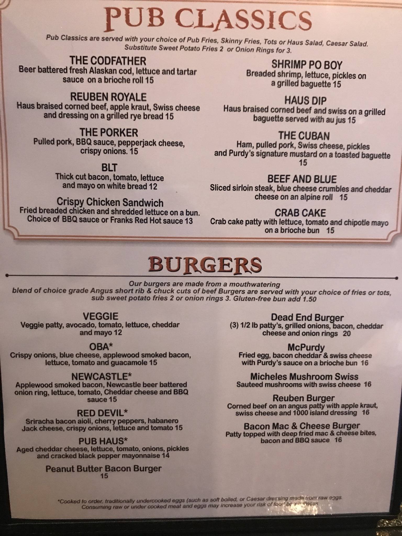 Menu at Gordon and Purdy's pub & bar, Sumner, 64th St E