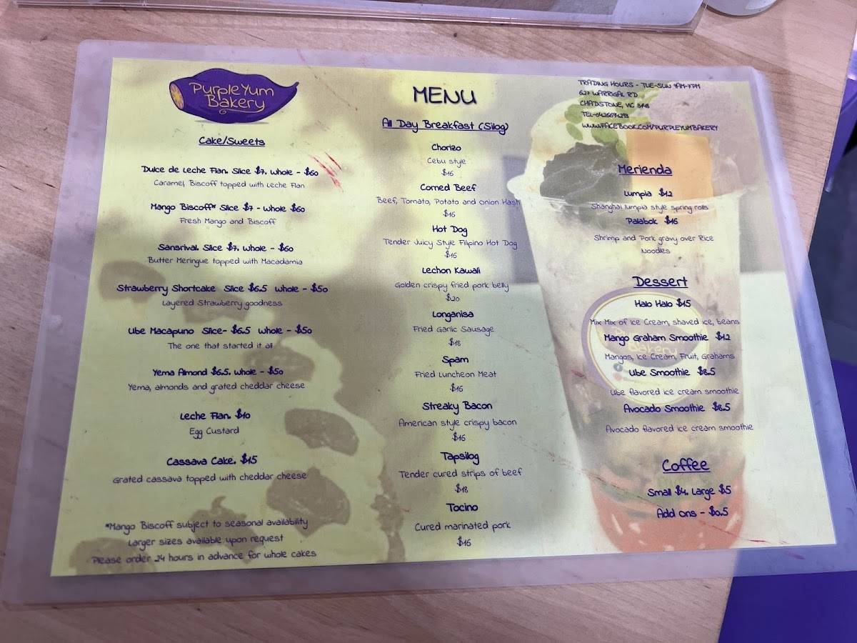Carta de Purple Yum Cafe, Chadstone