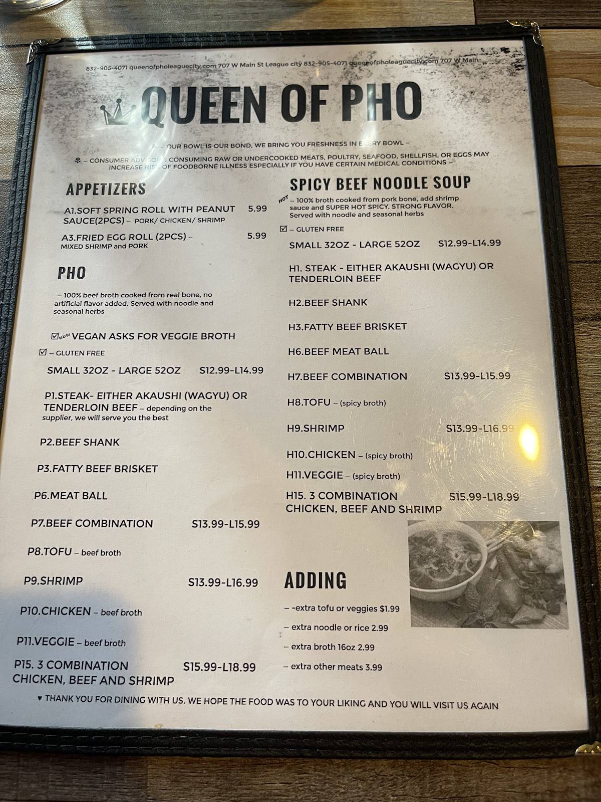 Menu at Queen Of Pho restaurant, League City