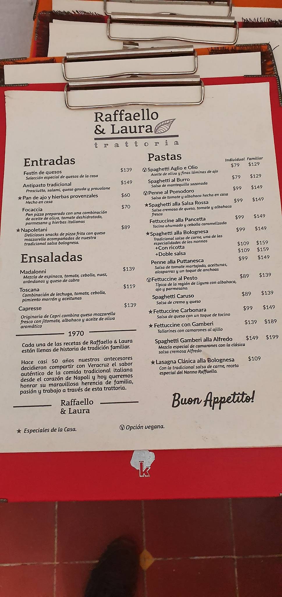 Carta del restaurante Raffaello & Laura, Trattoria, Veracruz